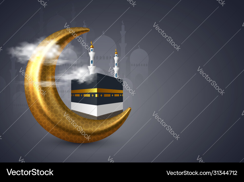 Holy kaaba with mosque and crescent in clouds Vector Image