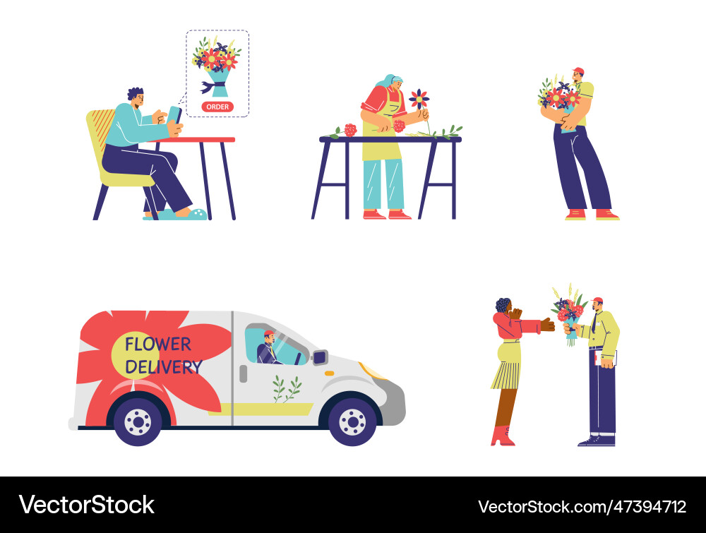 Scenes of flower delivery process - flat Vector Image