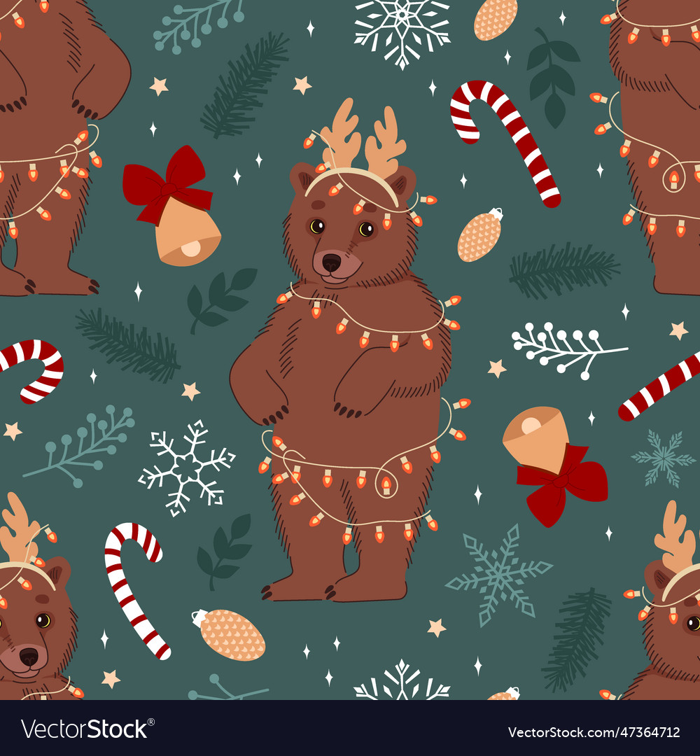Seamless Pattern With Cute Brown Bears With Vector Image