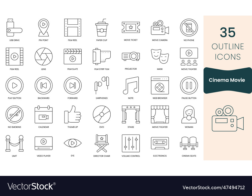 Set of cinema movie icons thin outline icons pack Vector Image