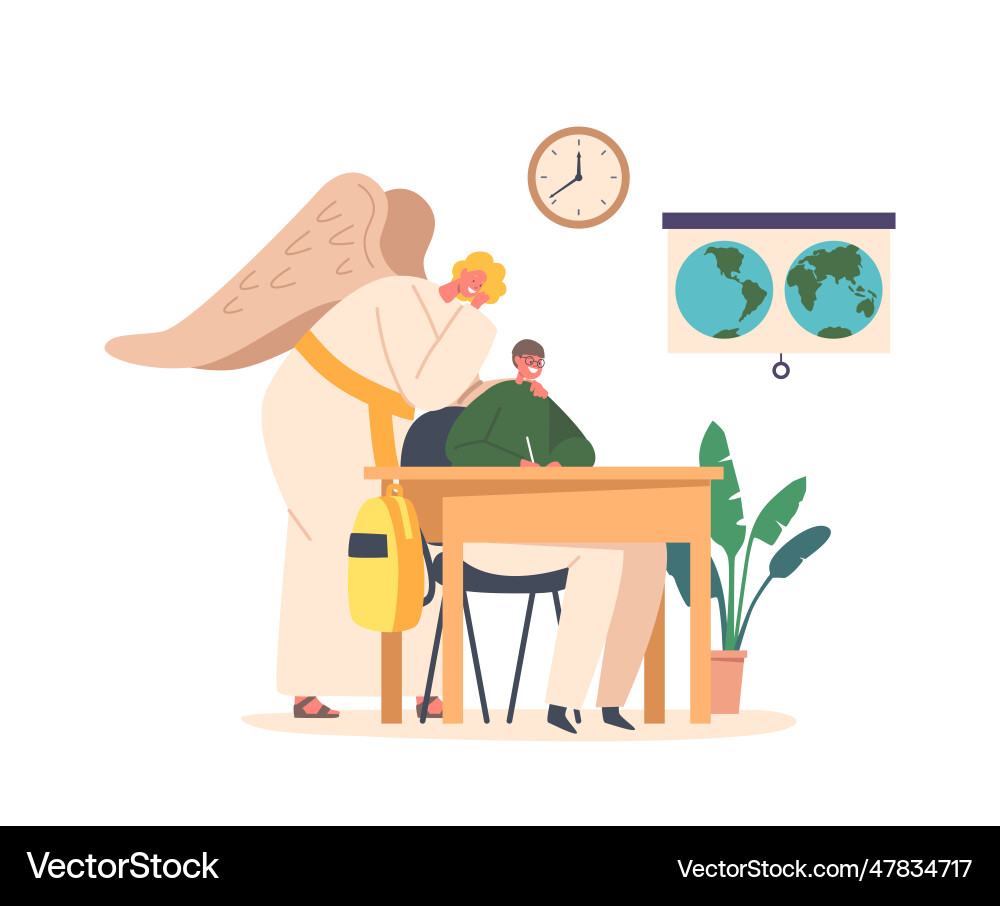 Angel keeper supports child during lessons Vector Image