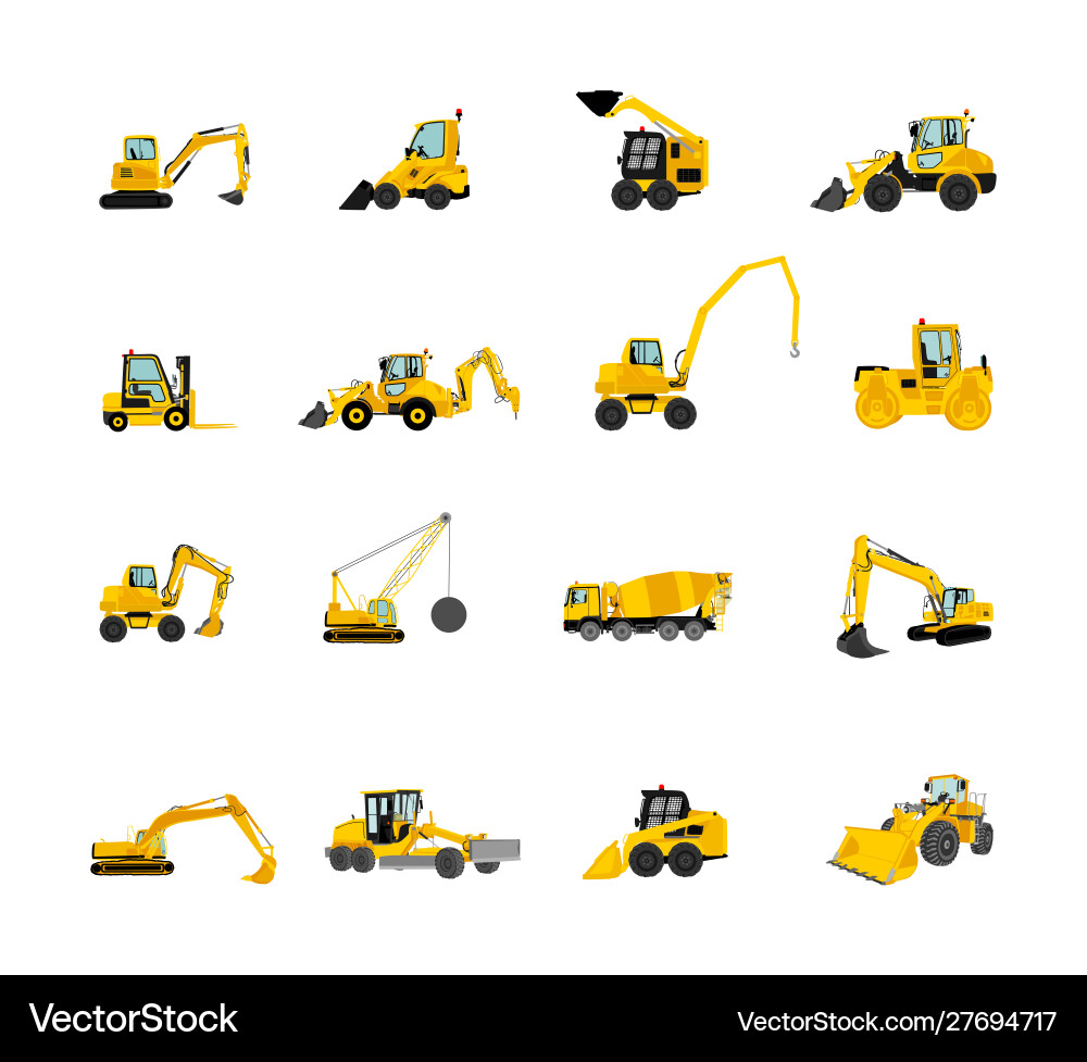 Big set bulldozer many industrial machine Vector Image
