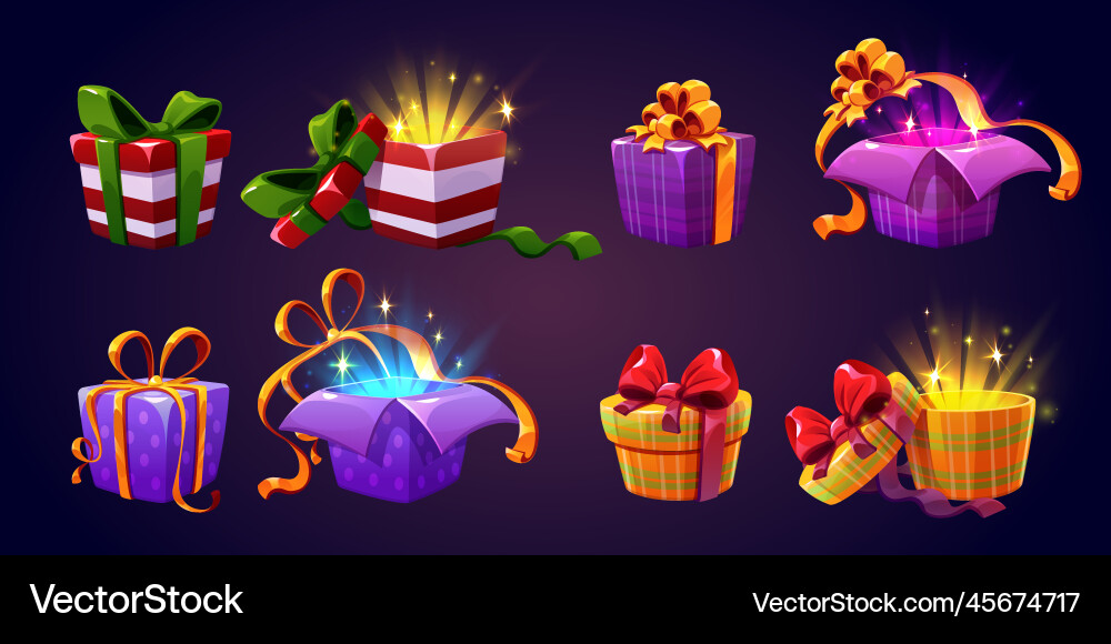 Set of open and closed gift boxes on background Vector Image