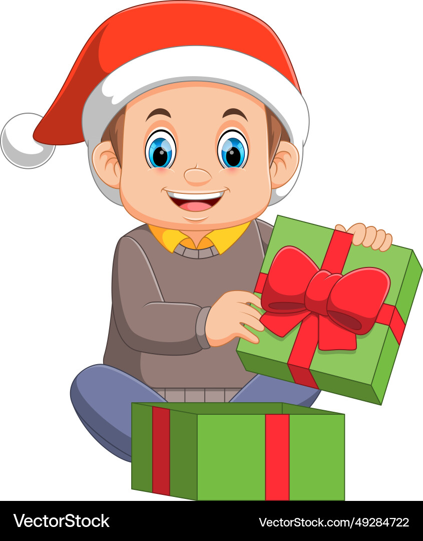 Cartoon little boy opening present box Royalty Free Vector