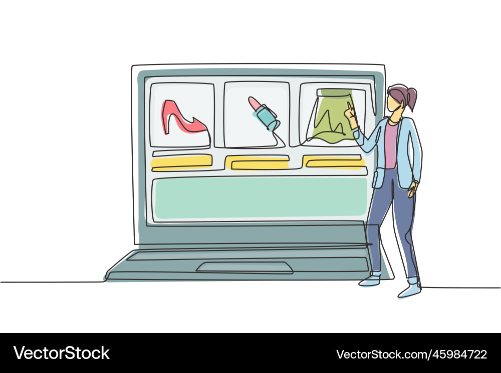 Continuous one line drawing young woman choosing Vector Image
