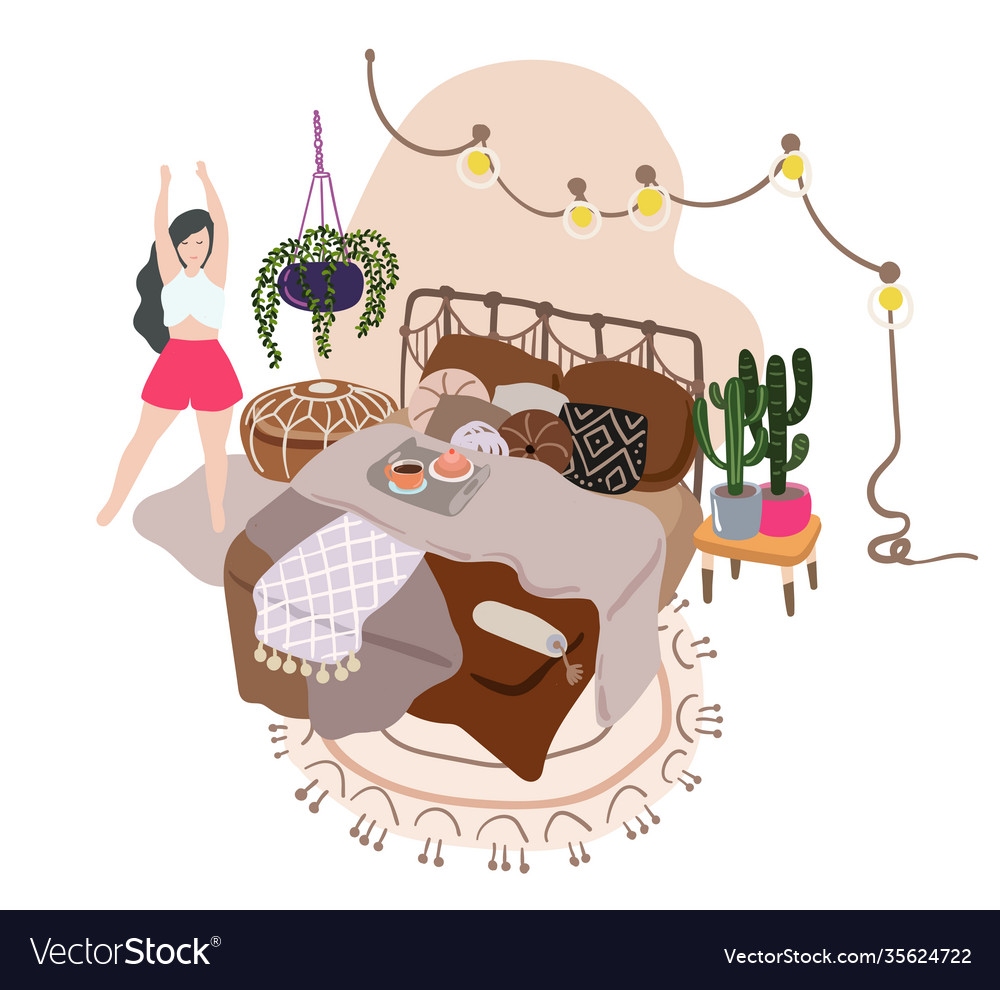 Stay home morning routine drawing with boho Vector Image