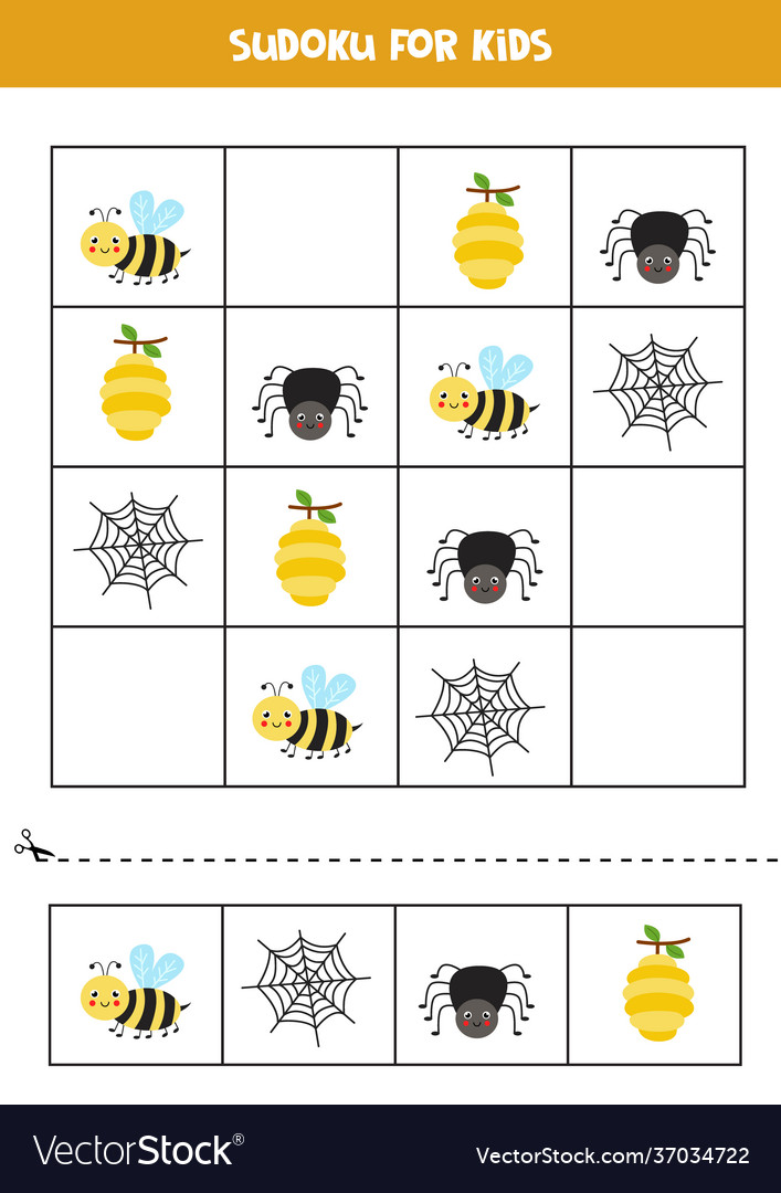 Sudoku game with cute insects for kids Royalty Free Vector