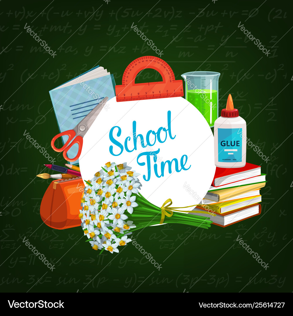 Back to school study supplies and chalkboard Vector Image