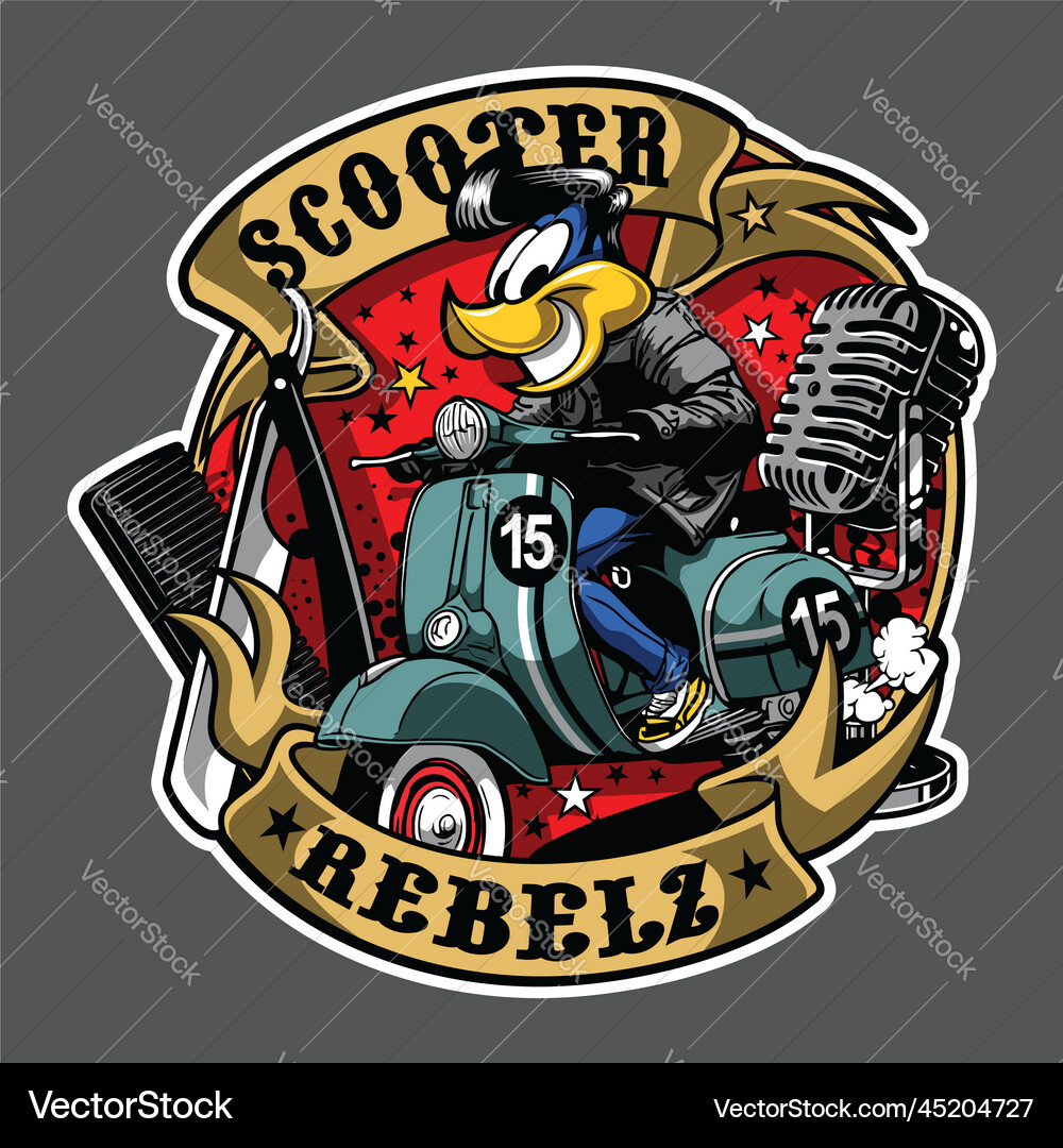 Duck riding classic scooter on black background Vector Image