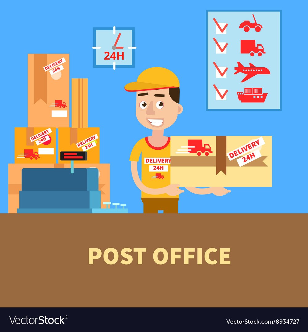 Post office postman with parcel postal service Vector Image