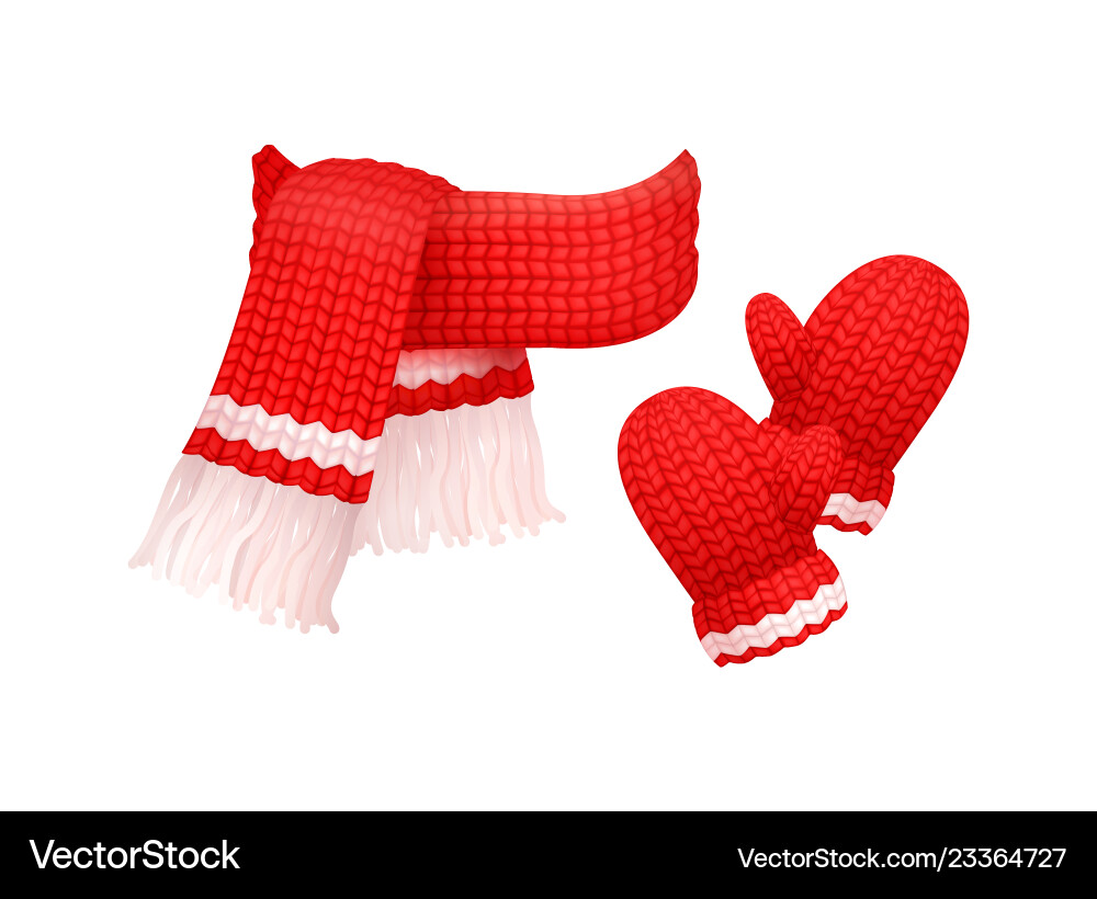 Woolen mittens and knitted scarf with white thread