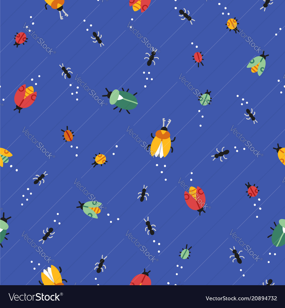 Beetles and bugs pattern on blue background Vector Image