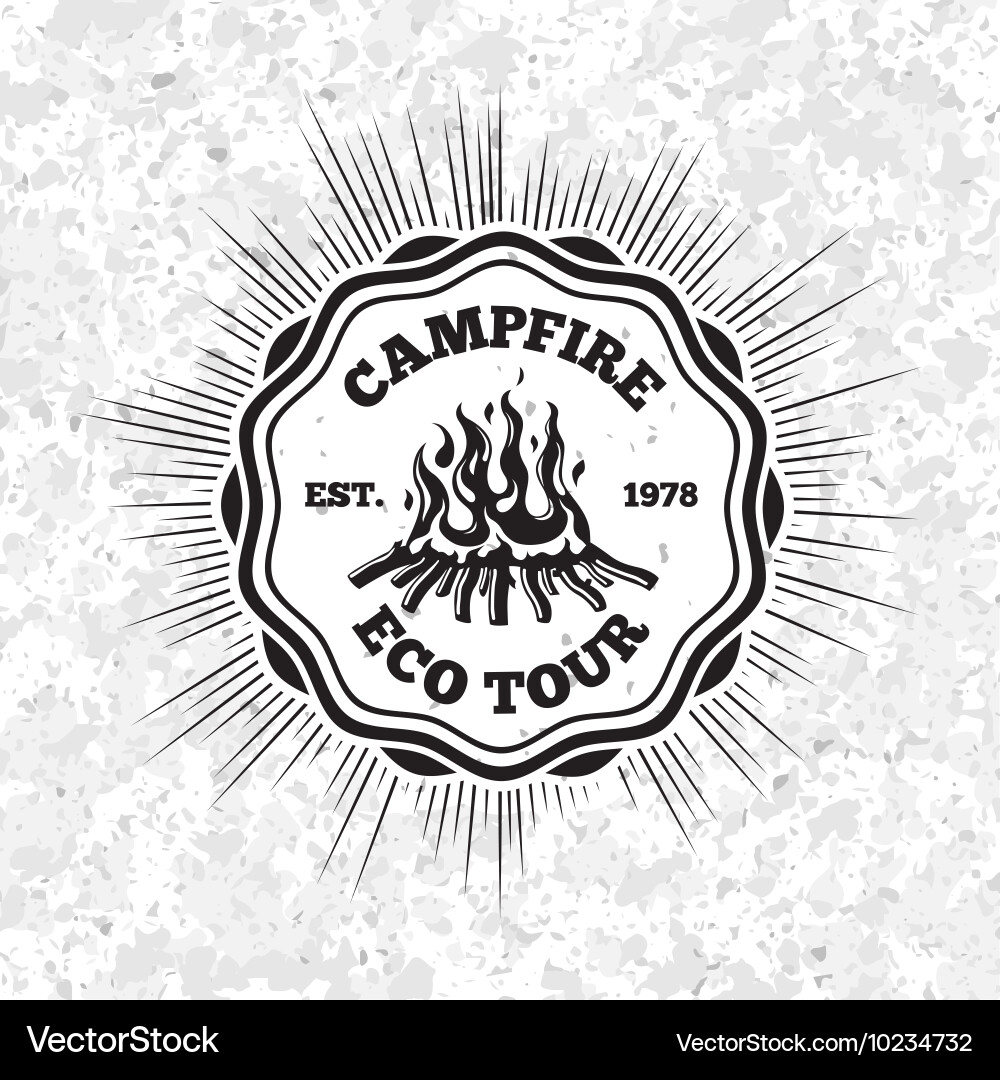 Campfire eco tour label with flaming fire Vector Image