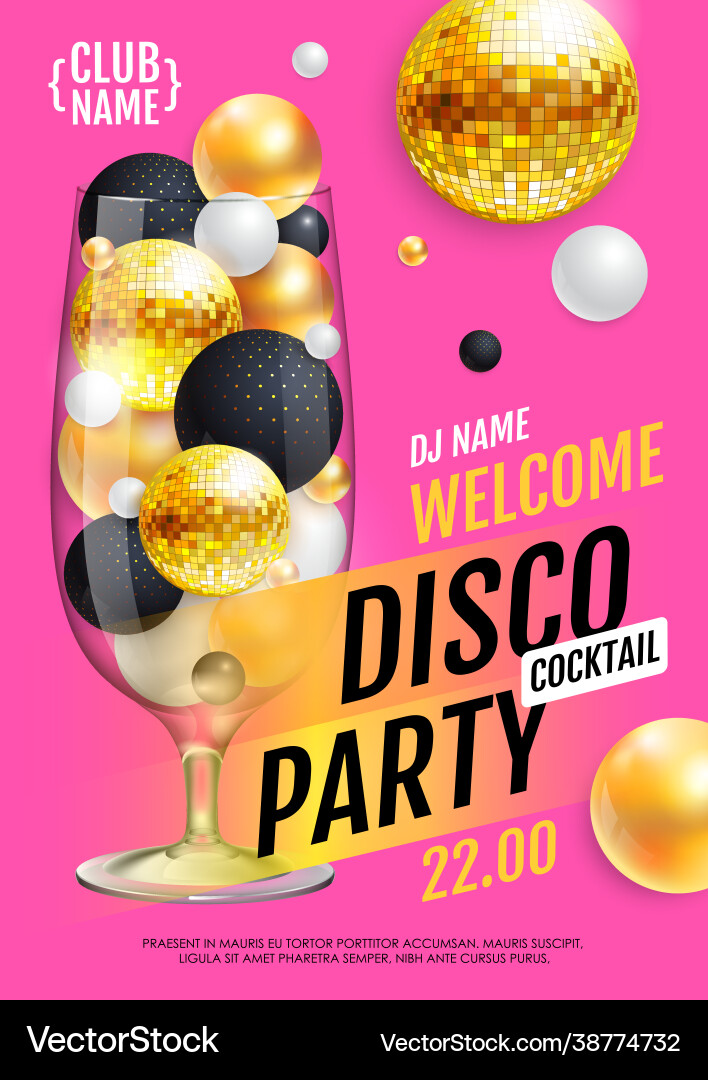 Cocktail disco party poster with 3d disco ball Vector Image