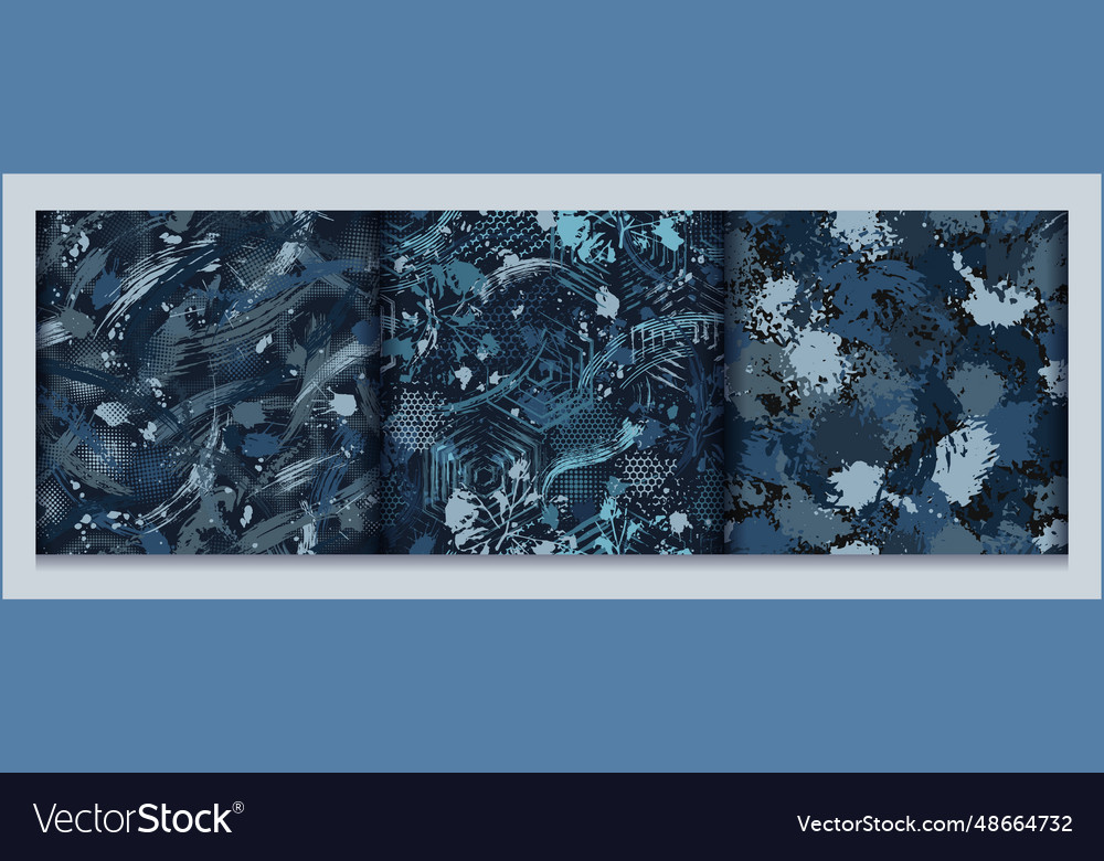 Seamless blue camo patterns with abstract elements