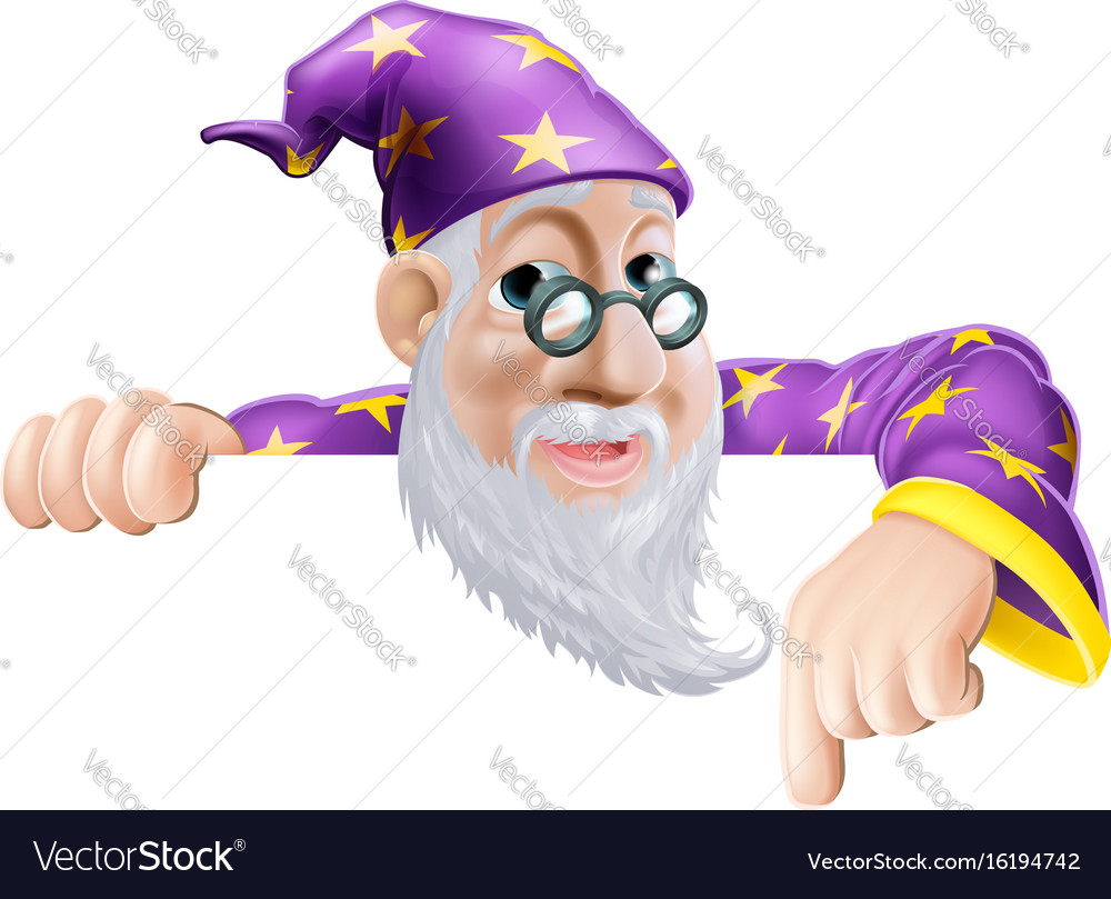 Fun wizard pointing down Royalty Free Vector Image