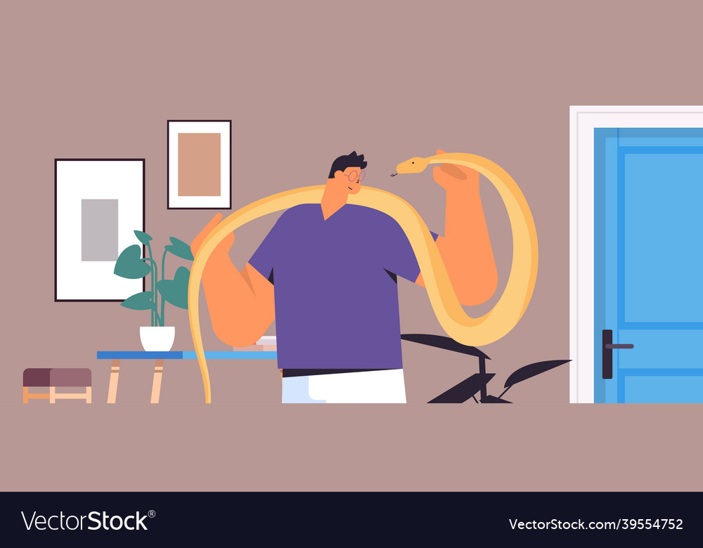 Man holding yellow python snake guy having Vector Image