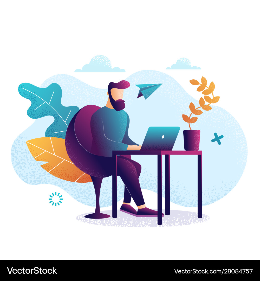 A man at work working at a laptop flat colorful Vector Image