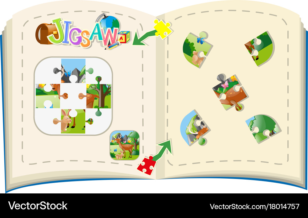 Jigsaw puzzle pieces wild animals in forest Vector Image
