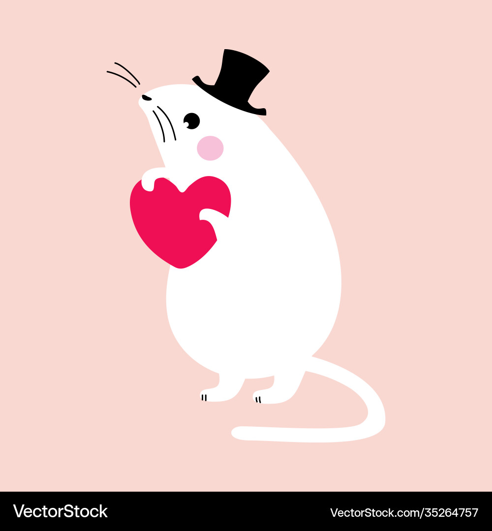 Little mouse in top hat holding heart shape as Vector Image