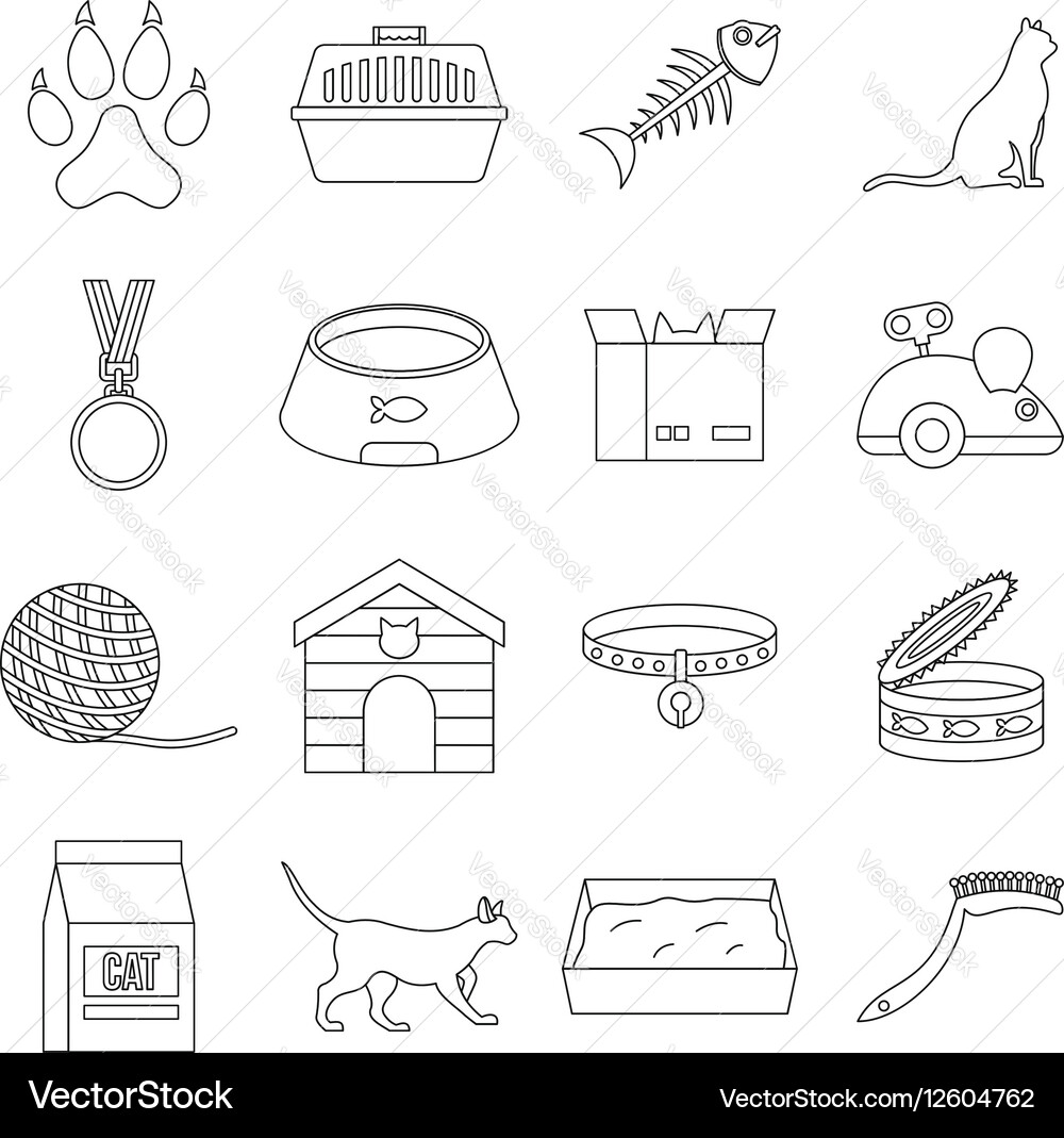Cat care tools icons set outline style Royalty Free Vector