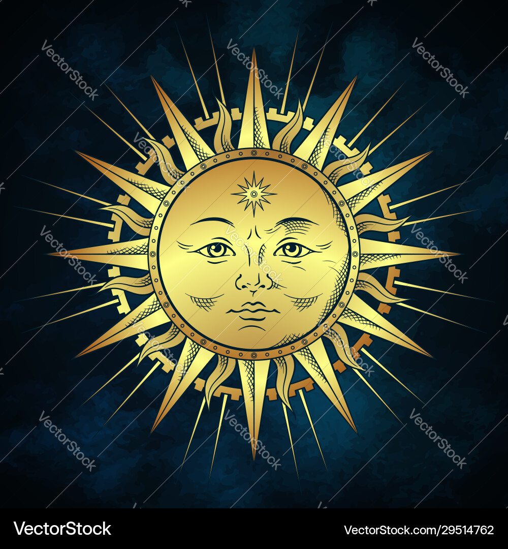 Line art sun in antique stule hand drawn Vector Image