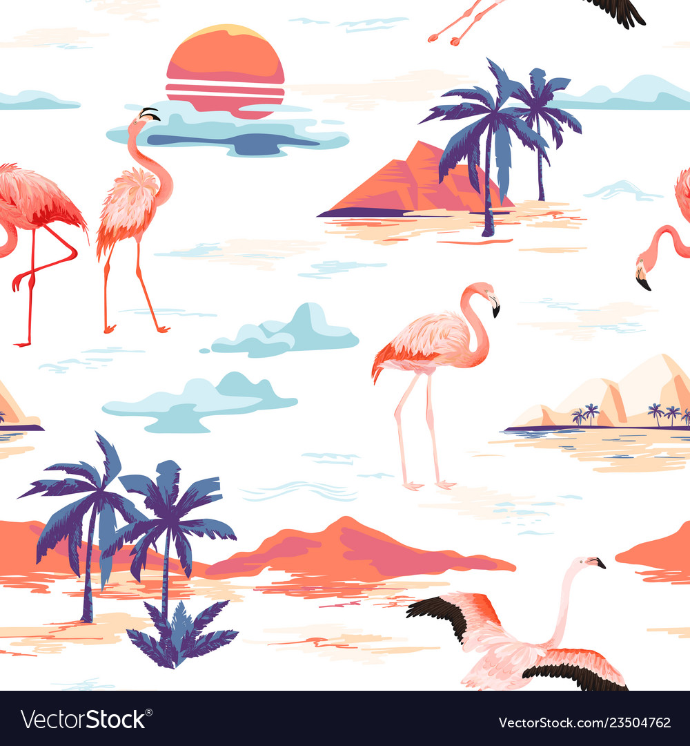 Tropical island flamingo seamless summer pattern Vector Image