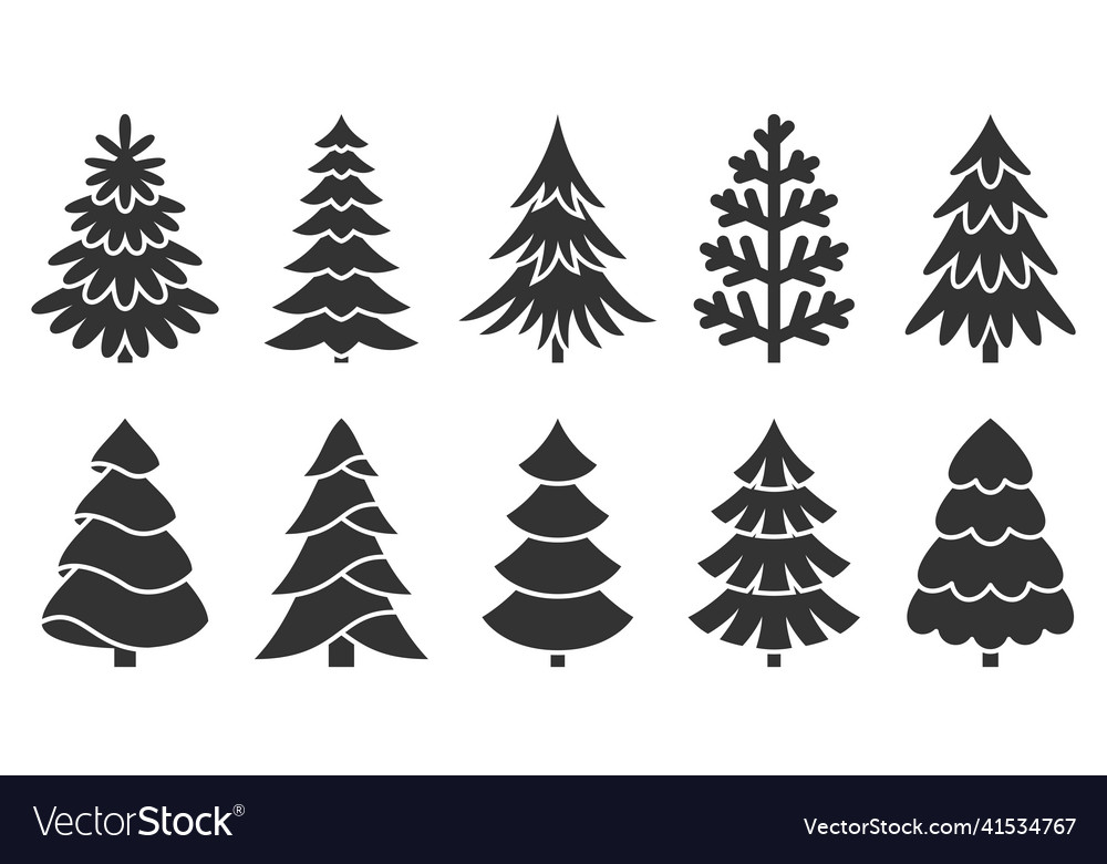 Christmas tree silhouette stamp black glyph set Vector Image