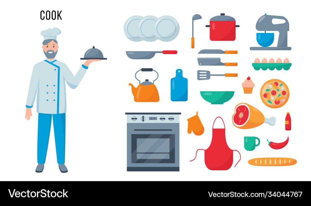 Cook character and products equipment Royalty Free Vector