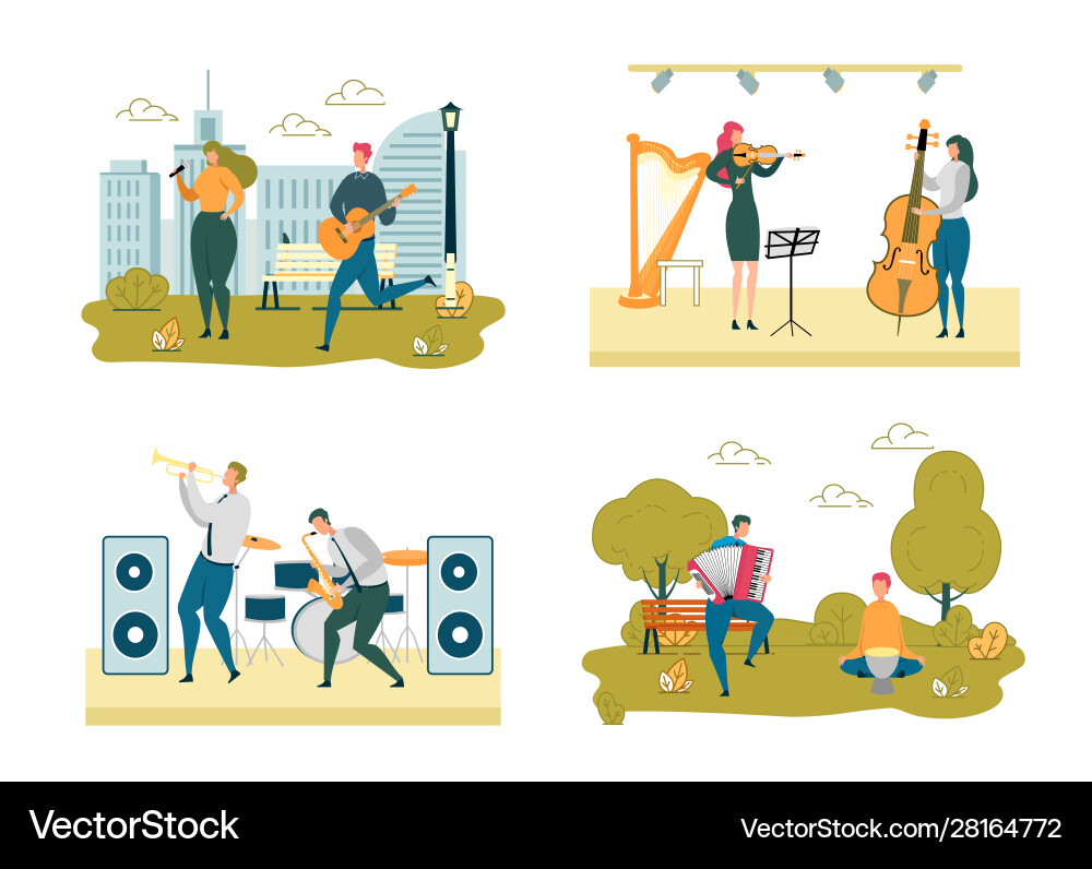 Musicians street and stage performance scene set Vector Image