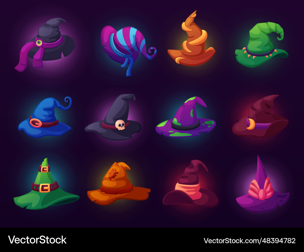 Cartoon witch hats isolated witches caps wizard Vector Image
