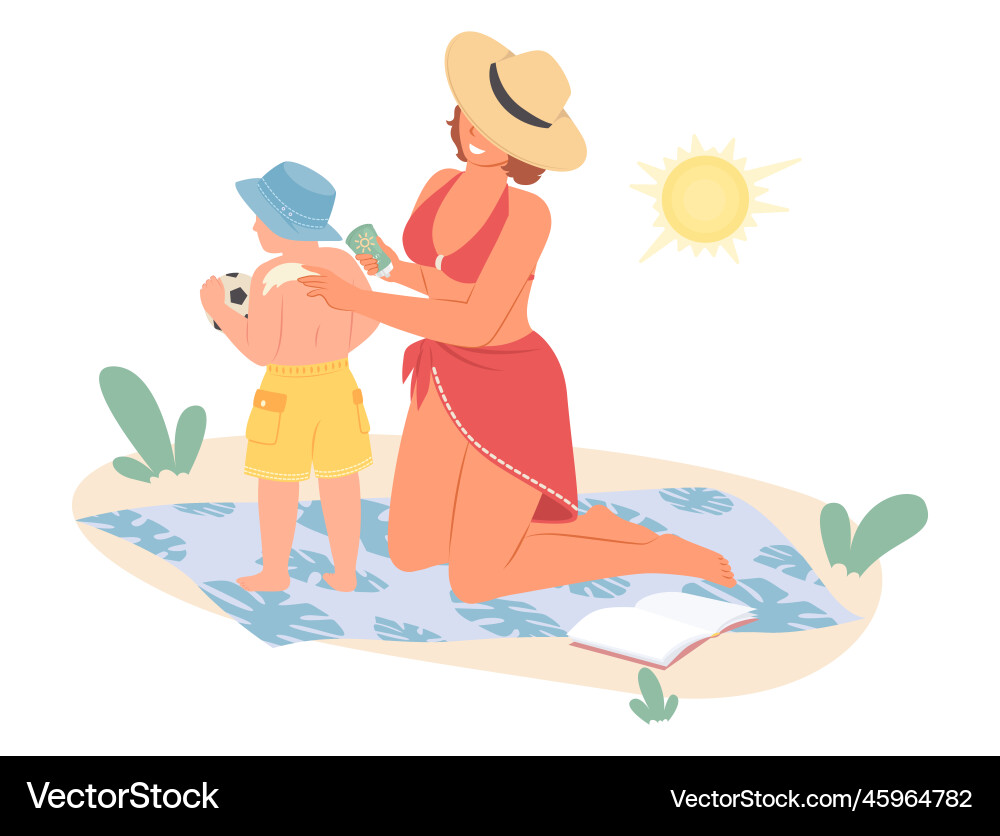 Mother applying sunscreen on son skin Royalty Free Vector