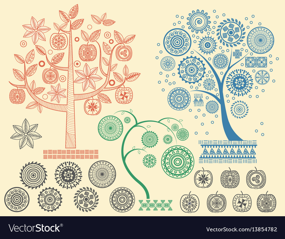Tree patterns with the different elements Vector Image