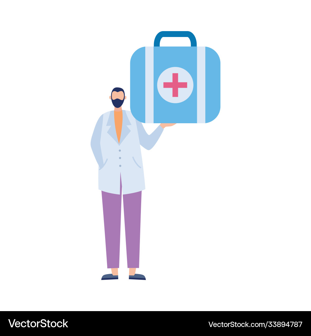 Doctor character holding huge first aid kit flat Vector Image