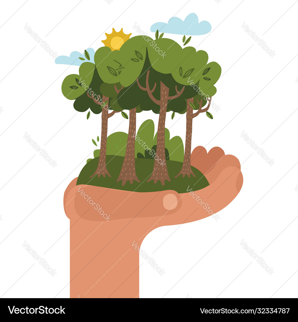 Human hand holding green tree forest with bushes Vector Image