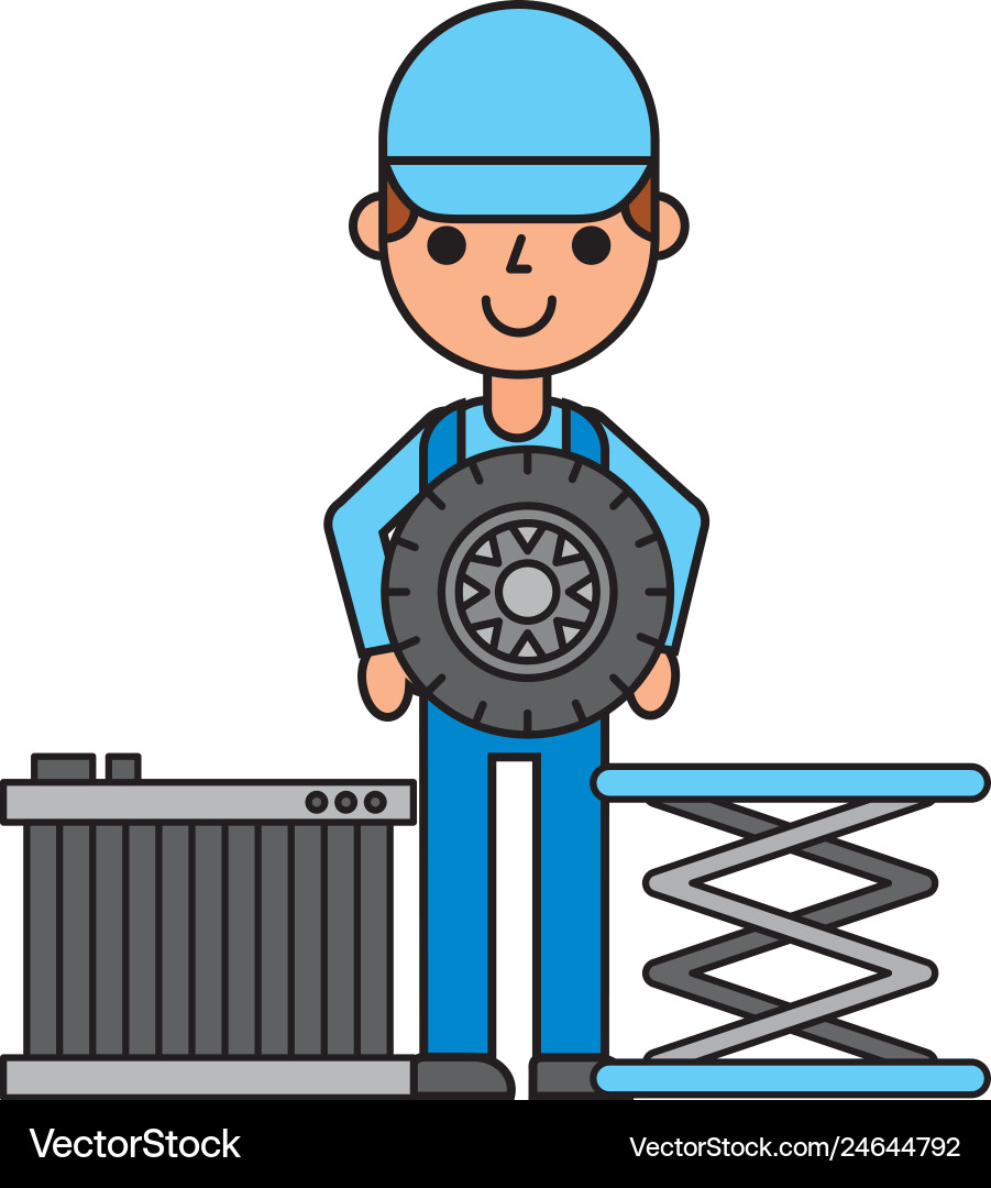 Worker with tyre car radiator automotive service Vector Image