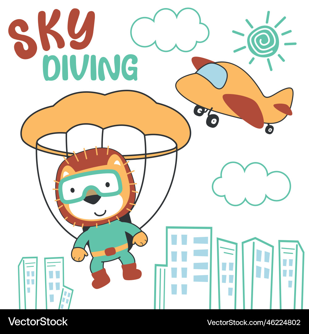 A cute little lion flying with parachute Vector Image