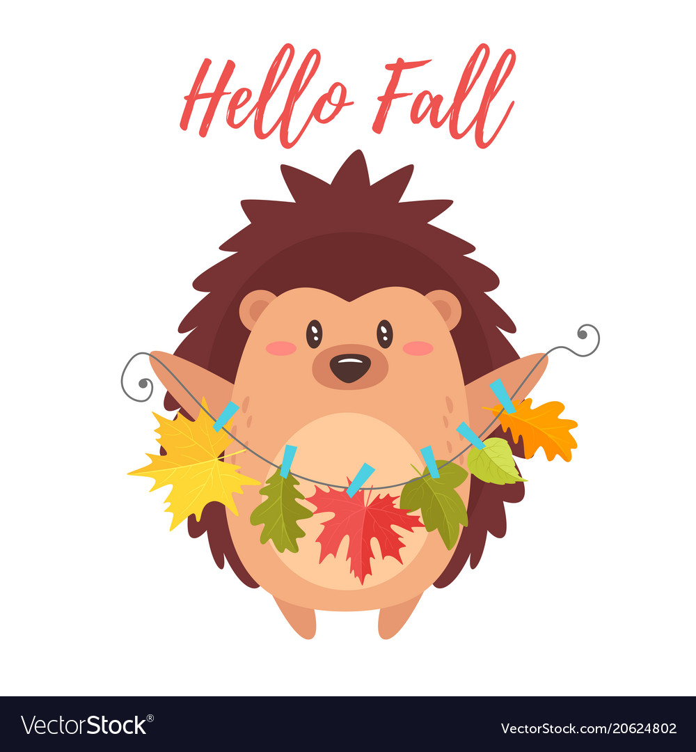 Hedgehog holding autumn colorful leaves Royalty Free Vector