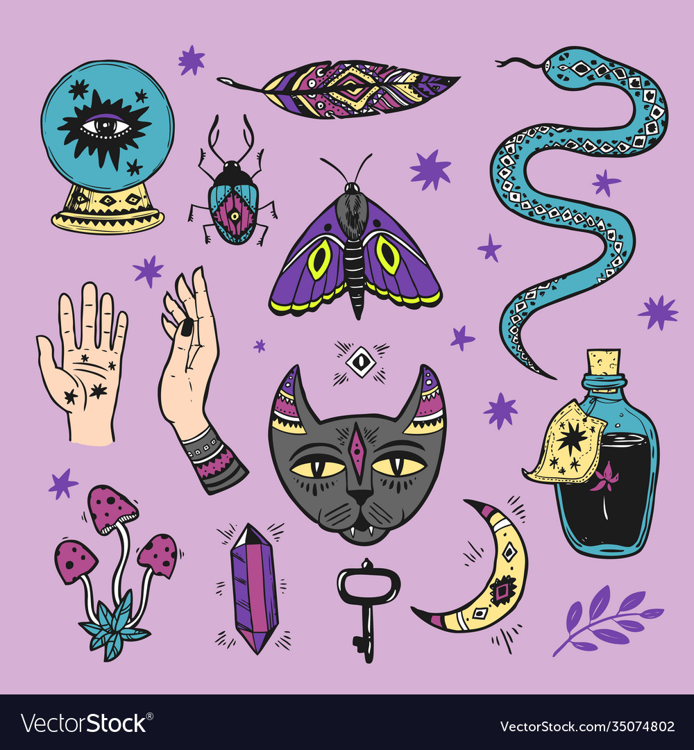 Magic elements hand drawn set sacred Royalty Free Vector