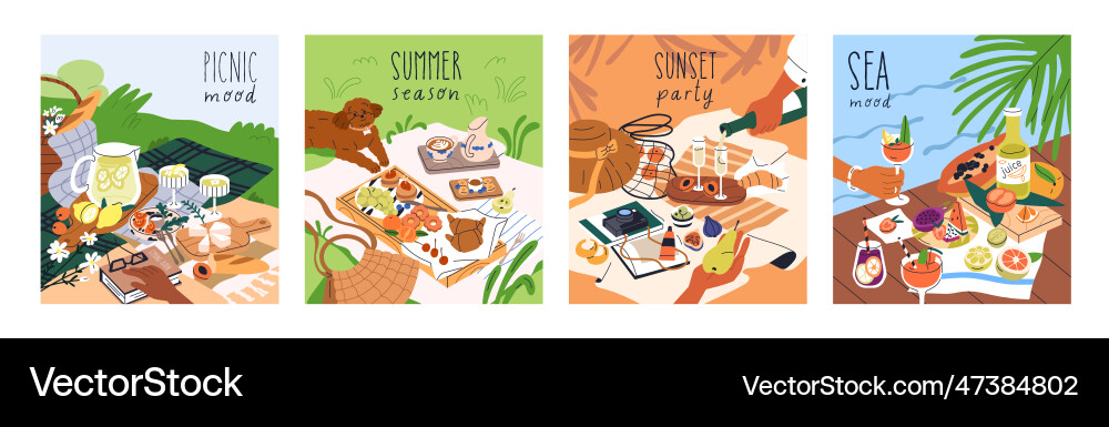 Picnic cards set food snacks drinks on blanket Vector Image