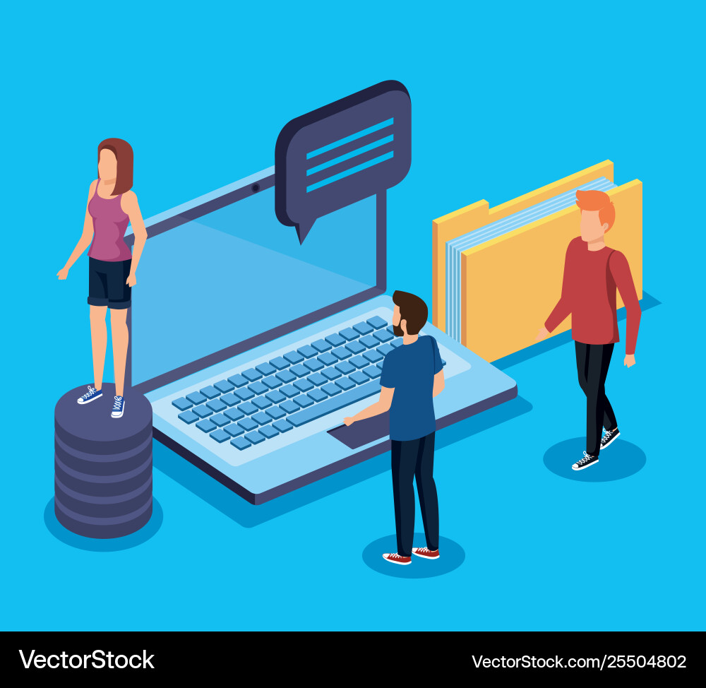 Woman and men with laptop technology chat Vector Image