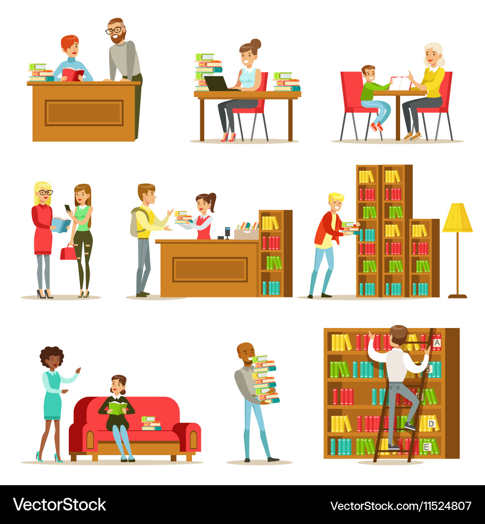 People talking and reading books in library set Vector Image