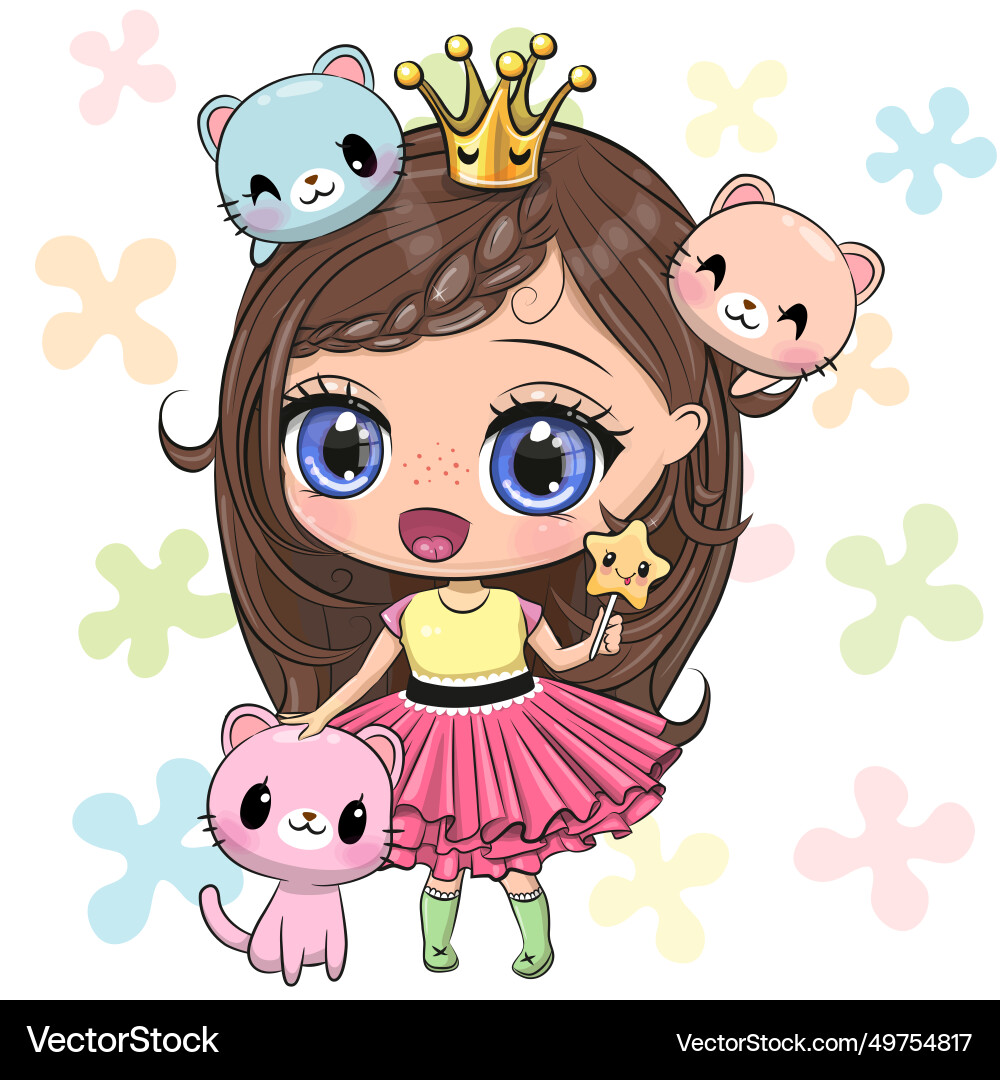 Cartoon anime princess with three kittens Vector Image