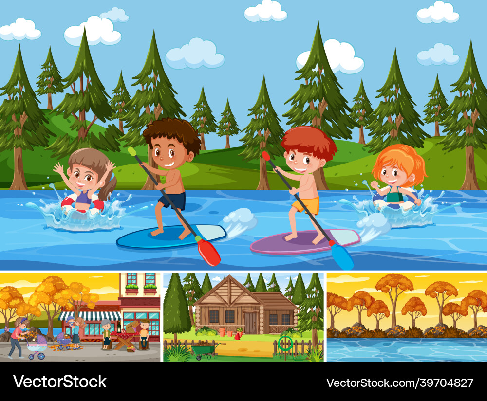 Four different scenes with children cartoon Vector Image