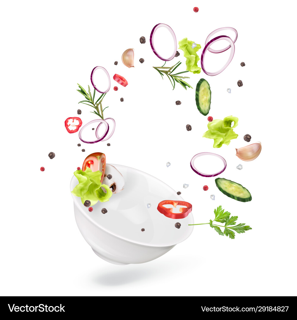 Spices and vegetables fly around a deep white plat