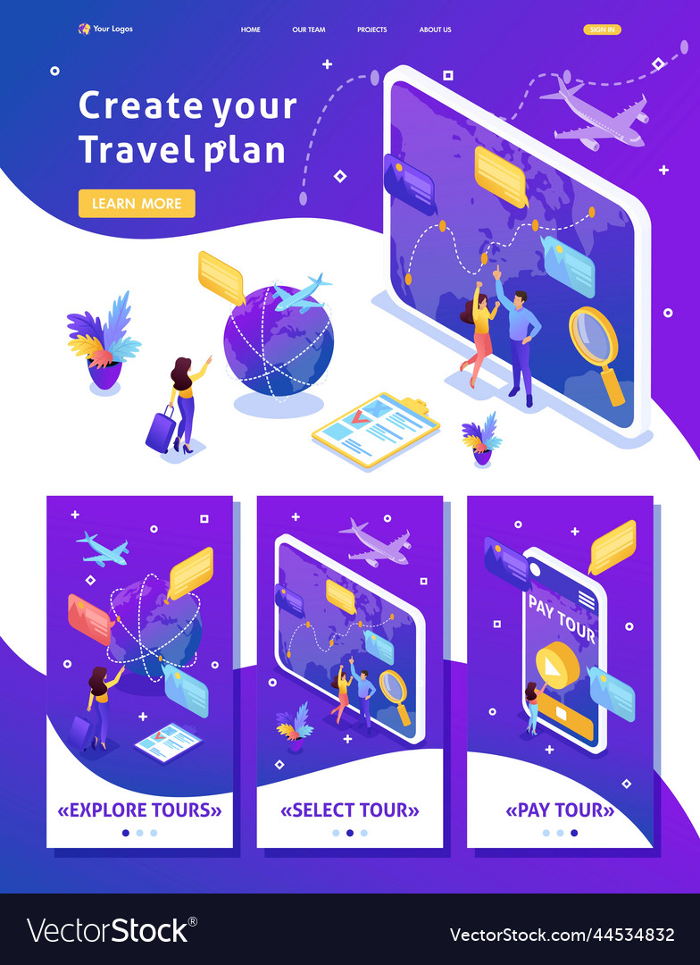 Isometric website template landing page tourists Vector Image