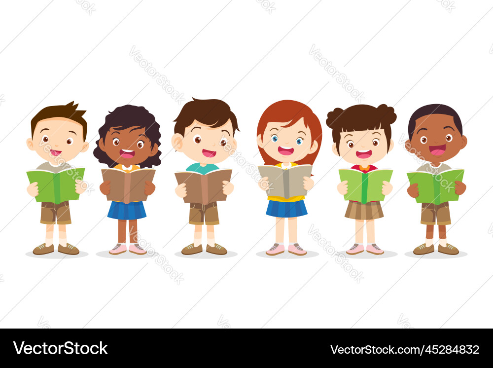 Kids and bookchildren reading a book back Vector Image