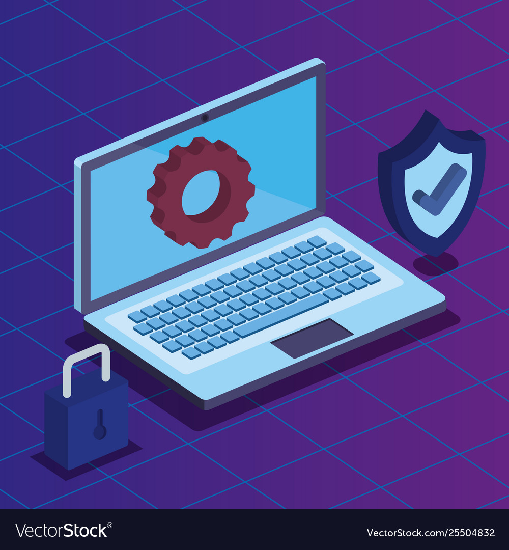 Laptop technology with gear and shield security Vector Image