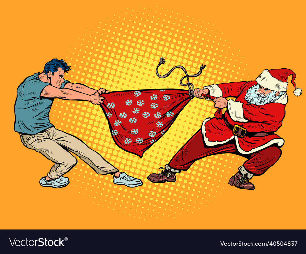 A Man Takes Bag Of Gifts From Santa Claus Vector Image a-man-takes-bag-of-gifts-from-santa-claus-vector-image