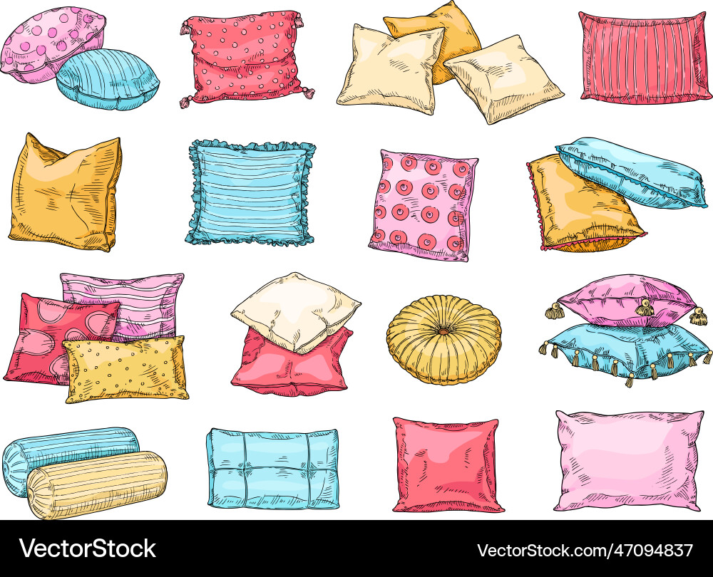 Hand drawn cozy cushions sketch bed pillows Vector Image
